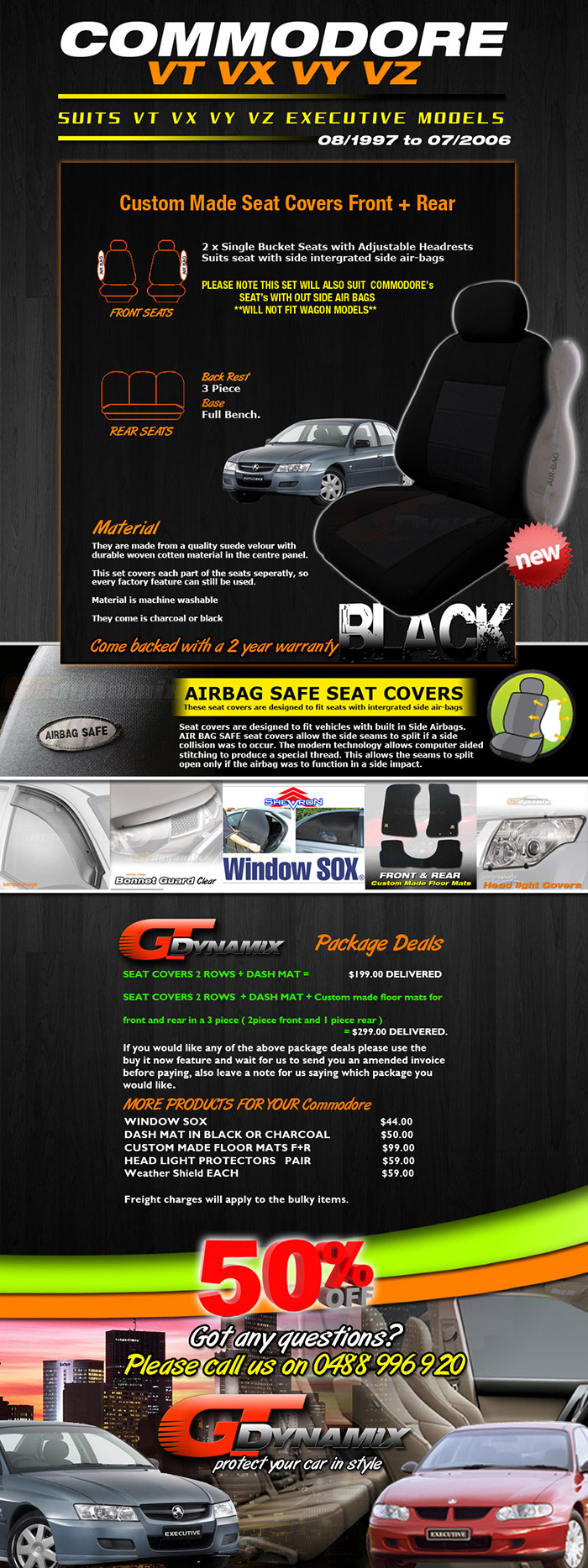 HOLDEN COMMODORE VT VX VY VZ BLACK CUSTOM MADE SEAT COVERS F+R 1997-2006